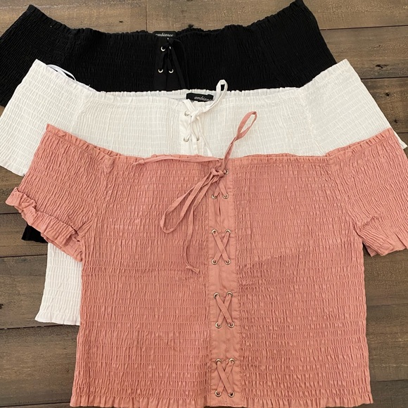 Tops | Off The Shoulder Scrunch Lace Up Crop Top | Poshmark